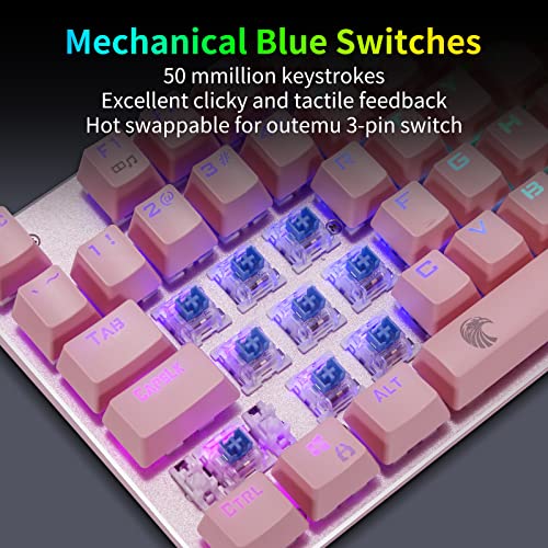 HUO JI E-Yooso Z-88 RGB Mechanical Gaming Keyboard, Blue Switches, 60% Compact 81 Keys for Mac, PC, Cute Pink