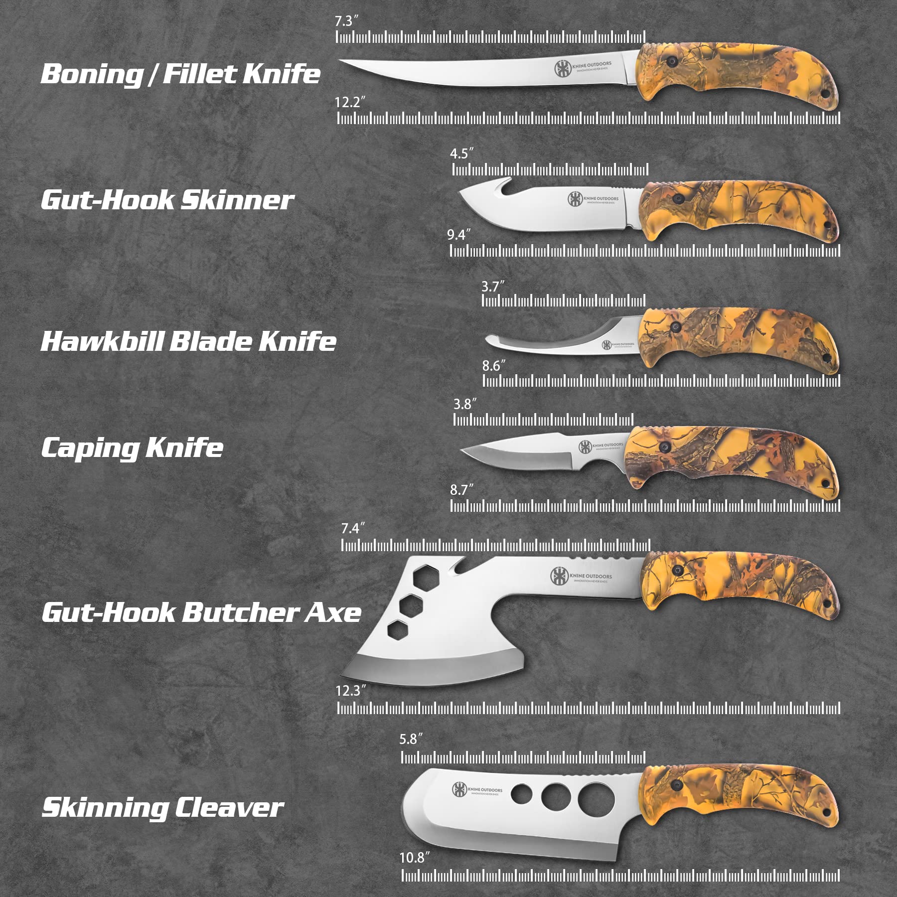 KNINE OUTDOORS 2022 Hunting Deer Knife Set Yellow Handle Field Dressing Kit Portable Butcher Game Processor Set, 12 Pieces, Yellow Green Case