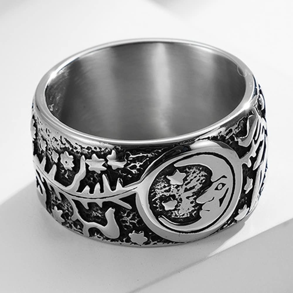 Jude Jewelers 12mm Retro Vintage Stainless Steel Sun Moon Star Wedding Statement Cocktail Party Biker Ring (Silver, 13)