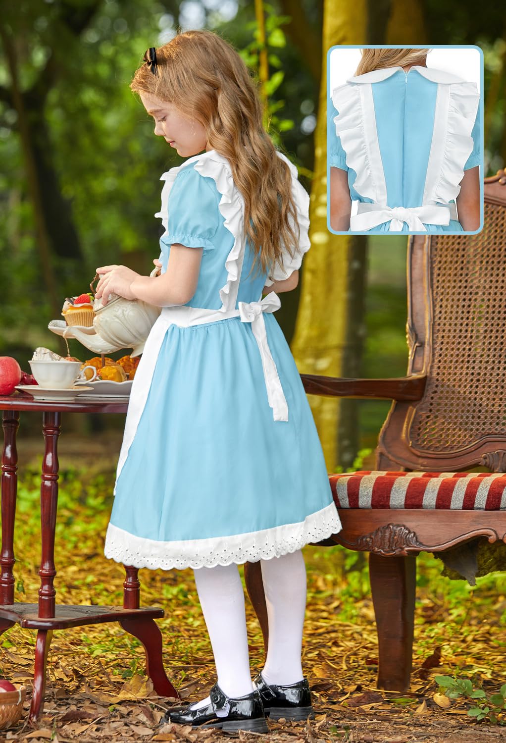 Halloween Child Girls Alice Outfit Puff Sleeve Casual Ruffle Trim Midi Dresses with Headband Blue 10 Years