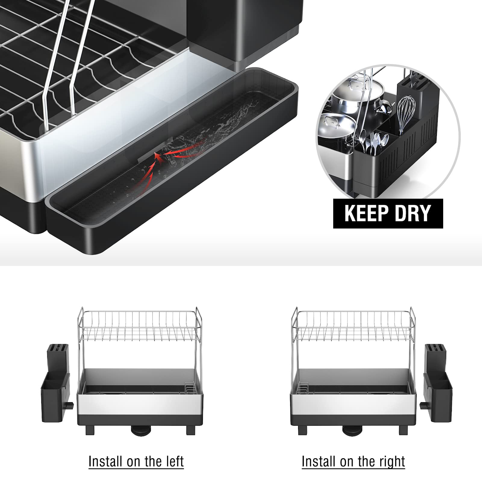 Klvied 2 Tier Dish Drying Rack 360 Degrees Swivel Spout, Silver