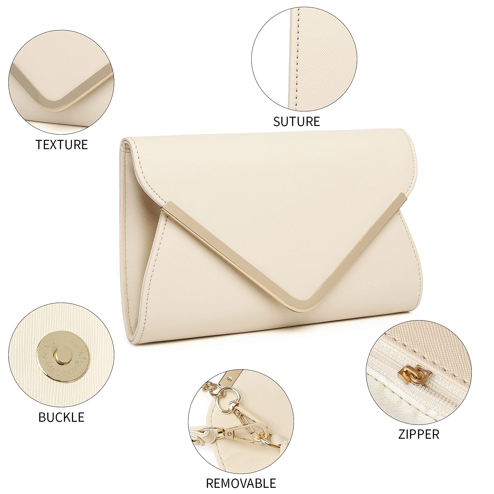 GESU Womens Faux Leather Envelope Clutch Bag Evening Handbag Shoulder Bag Wristlet Dress Purse,Large,Beige.