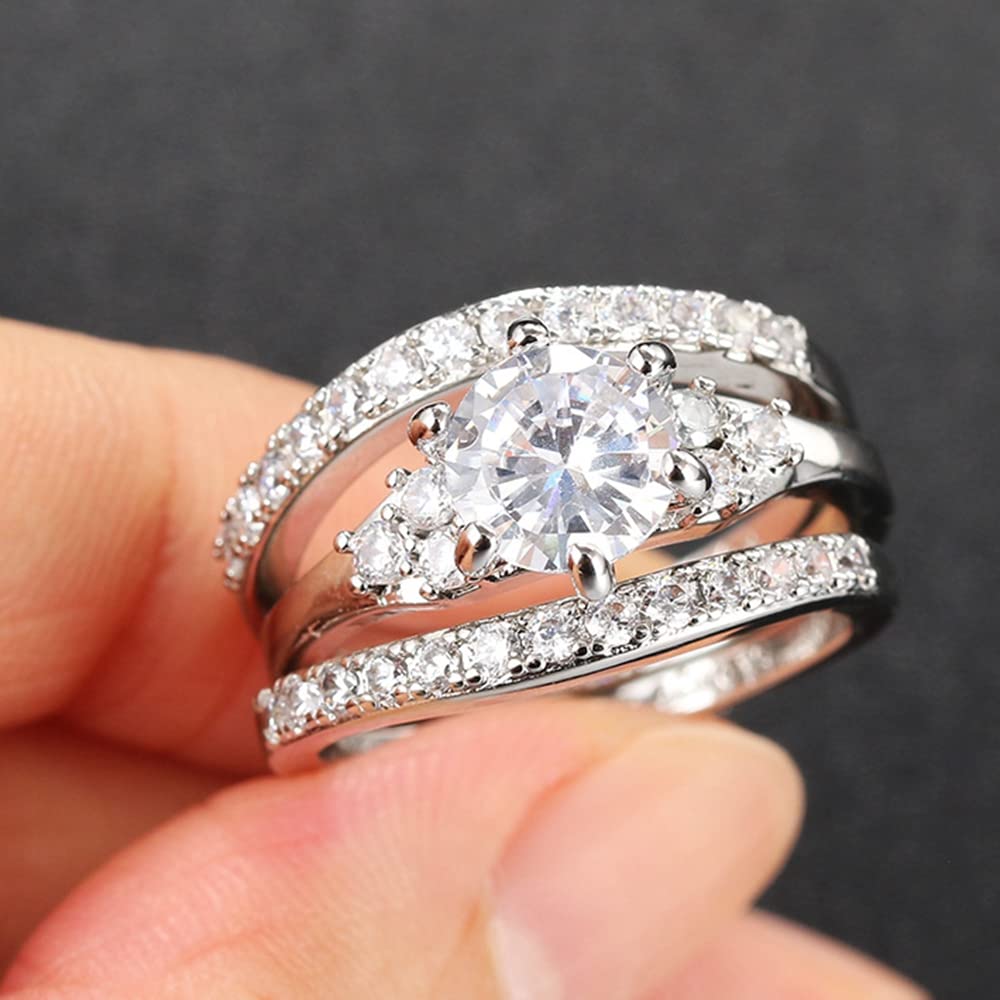 Jude Jewelers Platinum Plated Three-in-One Wedding Engagement Statement Proposal Valentines Halo Bridal Ring Set (Silver, 7)