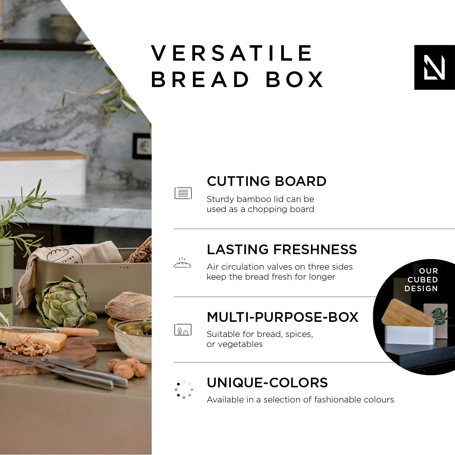LARS NYSØM Bread Box I Metal bread box with linen bread bag for long lasting freshness I Bread box with bamboo lid usable as cutting board I 14.2x7.5x5.1 In (Greige)