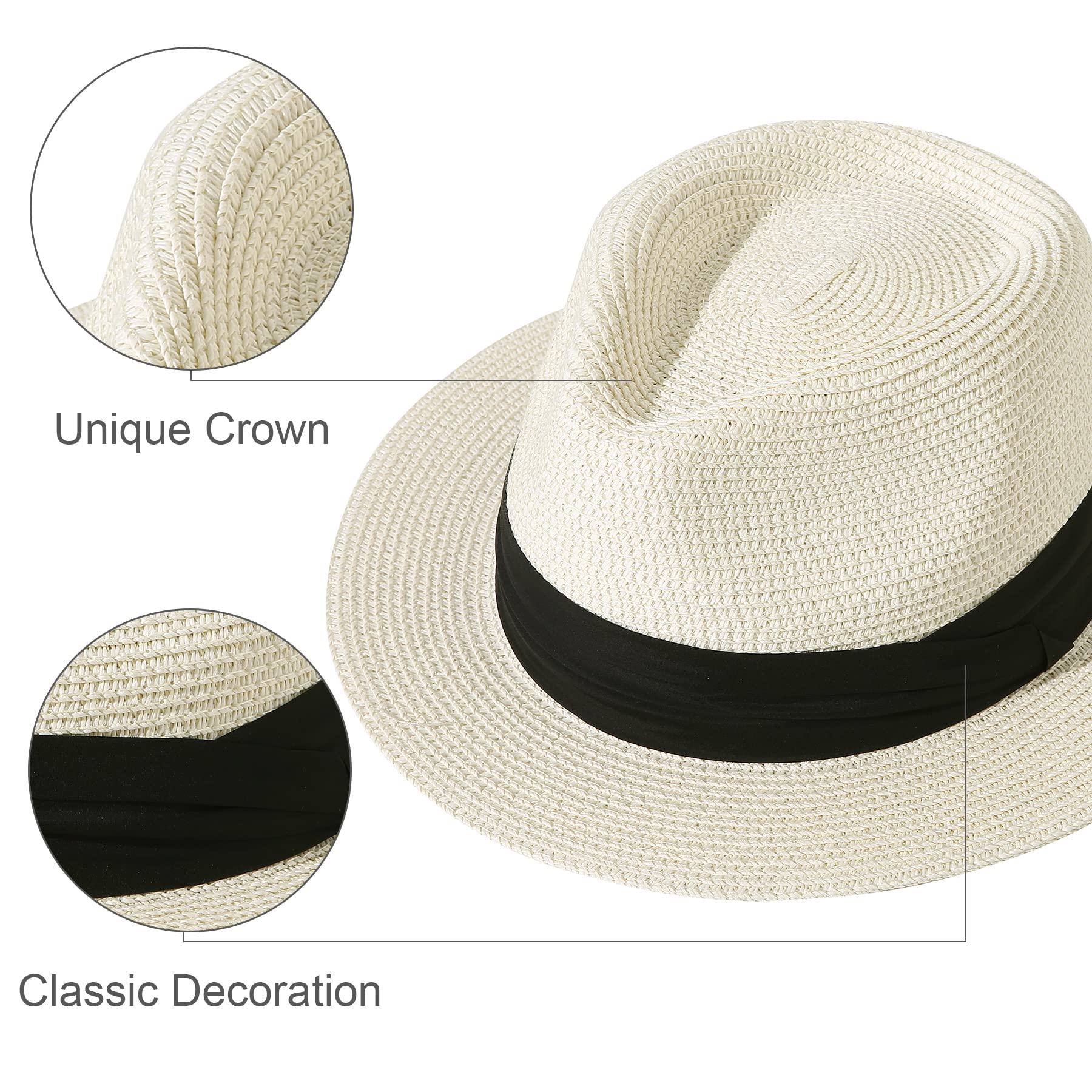 Lanzom Men Women Straw Sun Hat Short Brim Panama Fedora Beach Sun Hat Vacation Packable Roll Up Summer Hat(Large,Ivory White)