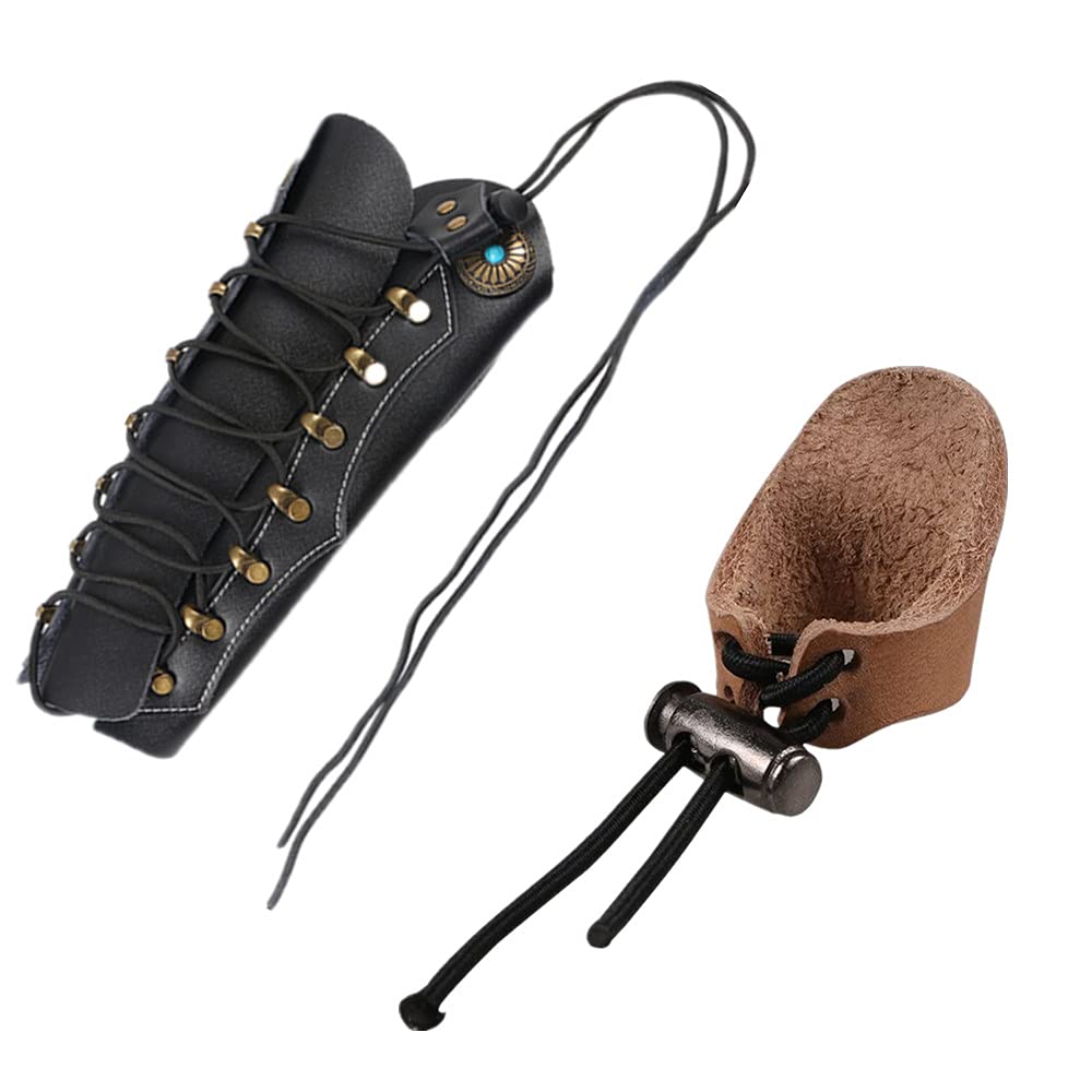Huntingdoor Arm Guards Archery Leather Arm Protector Hunting Shooting Arrow Bow Gear Accessories Archery Finger Tabs Adjustable Thickened Thumb Guard Thumb Finger Protector
