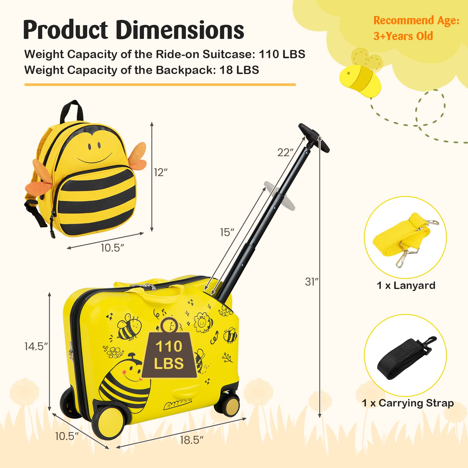 Goplus 2 PCS Kid Luggage, 18” Ride on Suitcase W/Spinner Wheels, 12” Backpack W/Anti-Lost Rope, Carry Strap, Sit on Rolling Carry on Luggage Set for Girls Boys Travel (Yellow Bee)