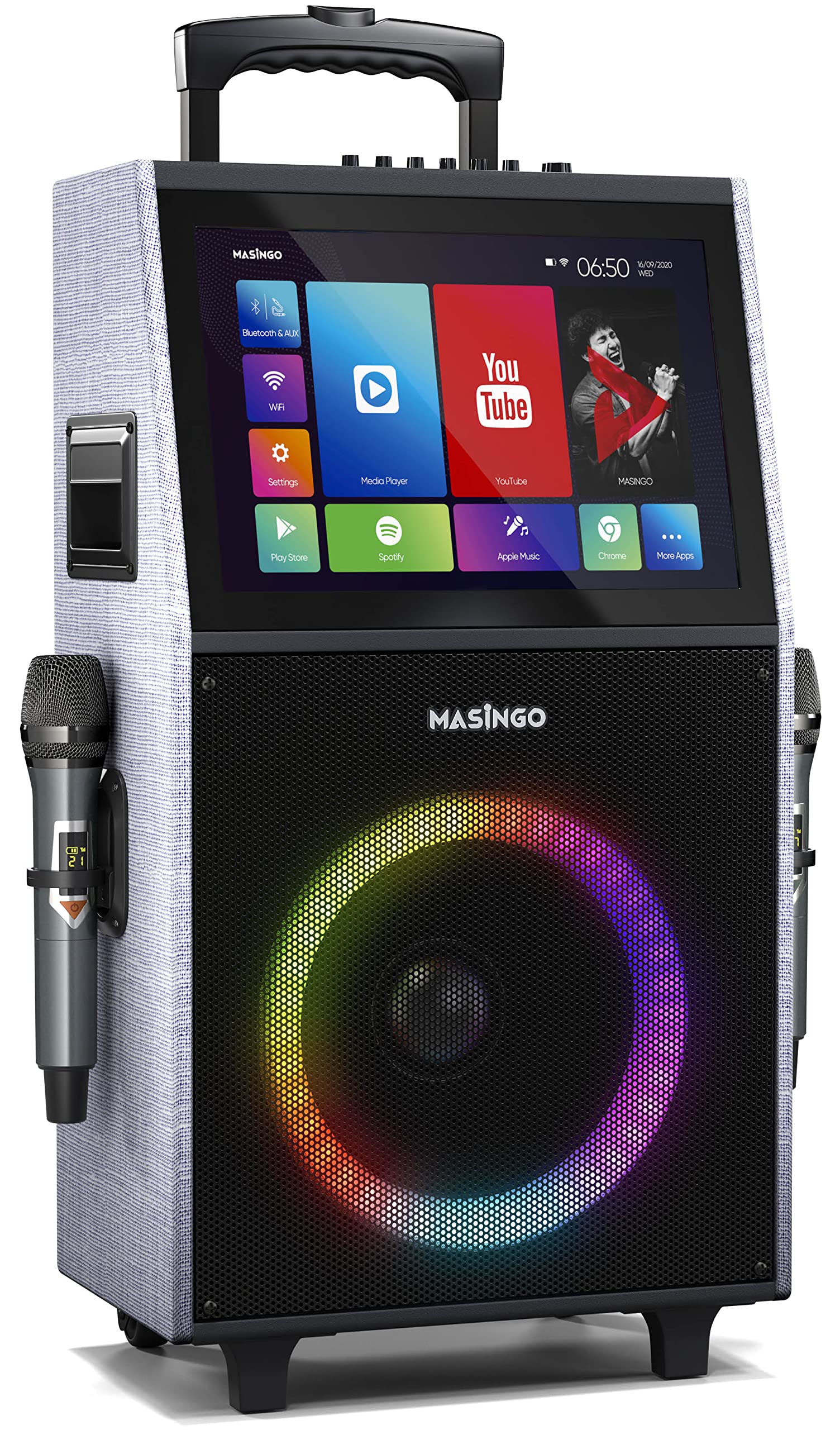 MASINGO 2022 Professional Karaoke Machine with Lyrics Display Screen - Bluetooth Portable PA Speaker System with WiFi, Built-in 15" Tablet, LED Lights + 2 Wireless Microphones (Renewed)