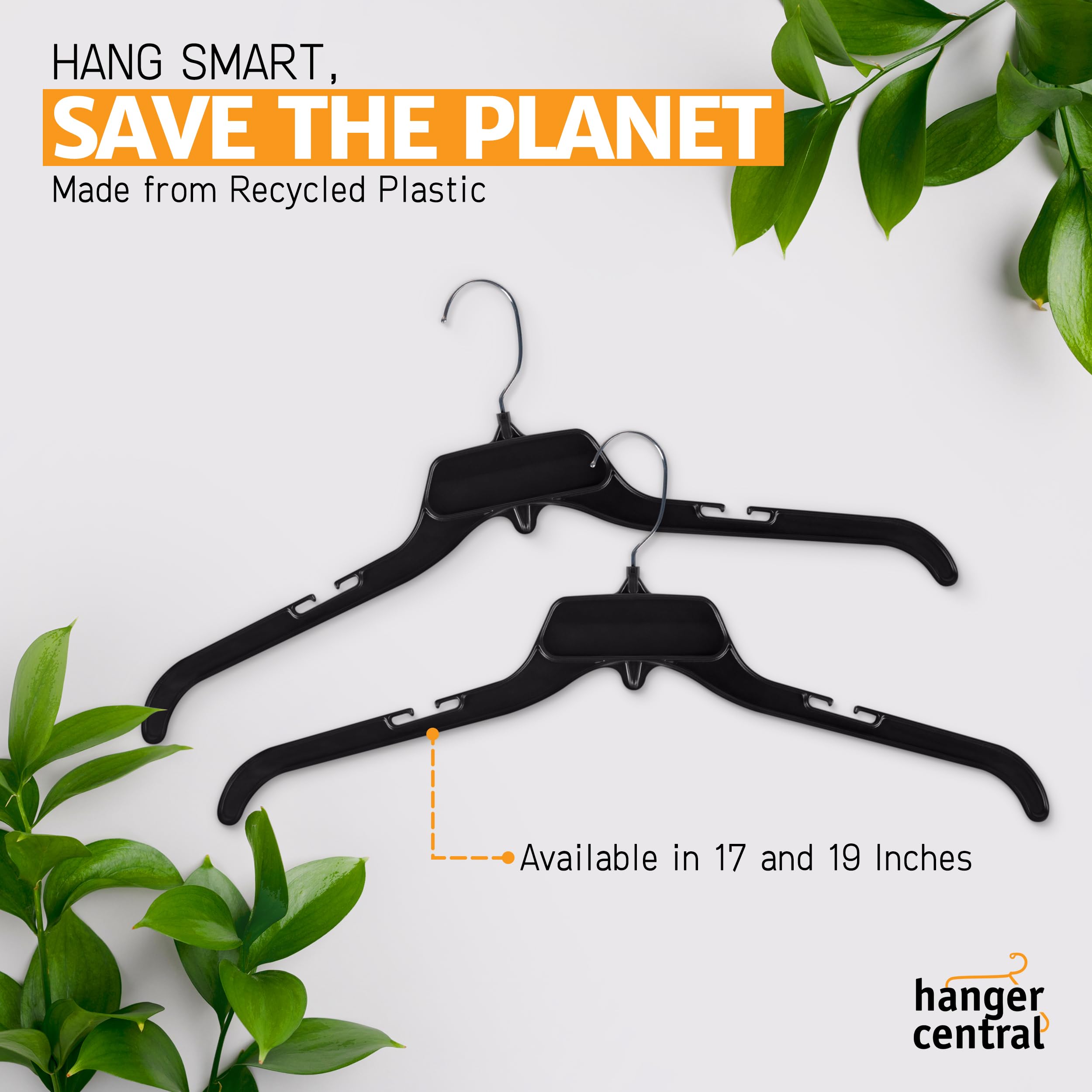 Hanger Central Space-Saving, Durable Black Plastic Clothes Hangers, Bulk, Non-Slip Surface 360° Swivel Hook, Perfect for T-Shirts, Oversize Garments, Coats, and Organization (19' (50 pack))
