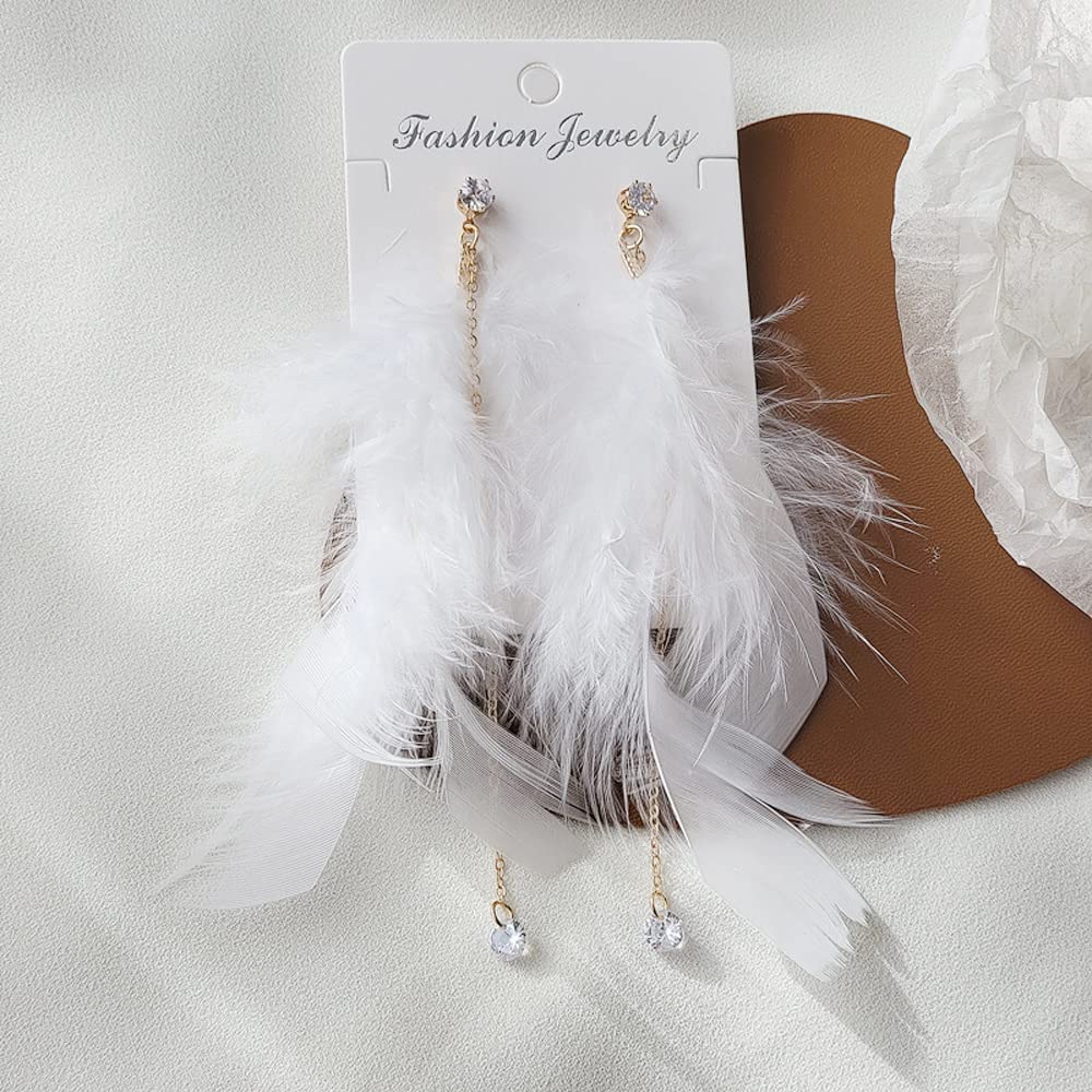 Jemant White Feather Earrings For Women Boho Style Long Faux Pearl Tassel Chain Cubic Zirconia Dangle Drop Aesthetic Elegant Black Feather Earrings For Bride Mothers Wife (White)