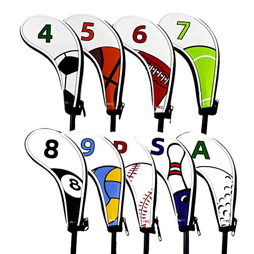 HELLO NRC Golf Iron Cover, 9 Pieces Leather Golf Club Head Cover, Colorful Digital Embroidery