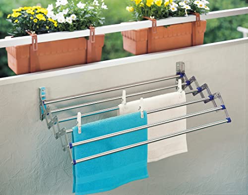 WENKO Seche-linge télescopique - longueur de séchage 3,3 m, extensible, résistant aux intempéries, montage mural, Acier inoxydable, 70 x 12.5 x 11-35 cm, Argent brillant