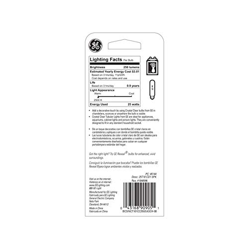 GE 45144 25-Watt Crystal Clear Tubular T10 1CD Light Bulb, 1 Count (Pack of 1)