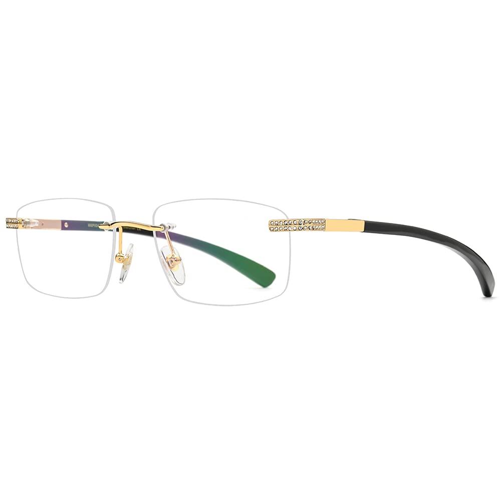 HEPIDEM 100% Really Buffalo Horn Glasses,Square Rimless Luxury Buffs Eyeglasses With Diamonds (Black 0023)
