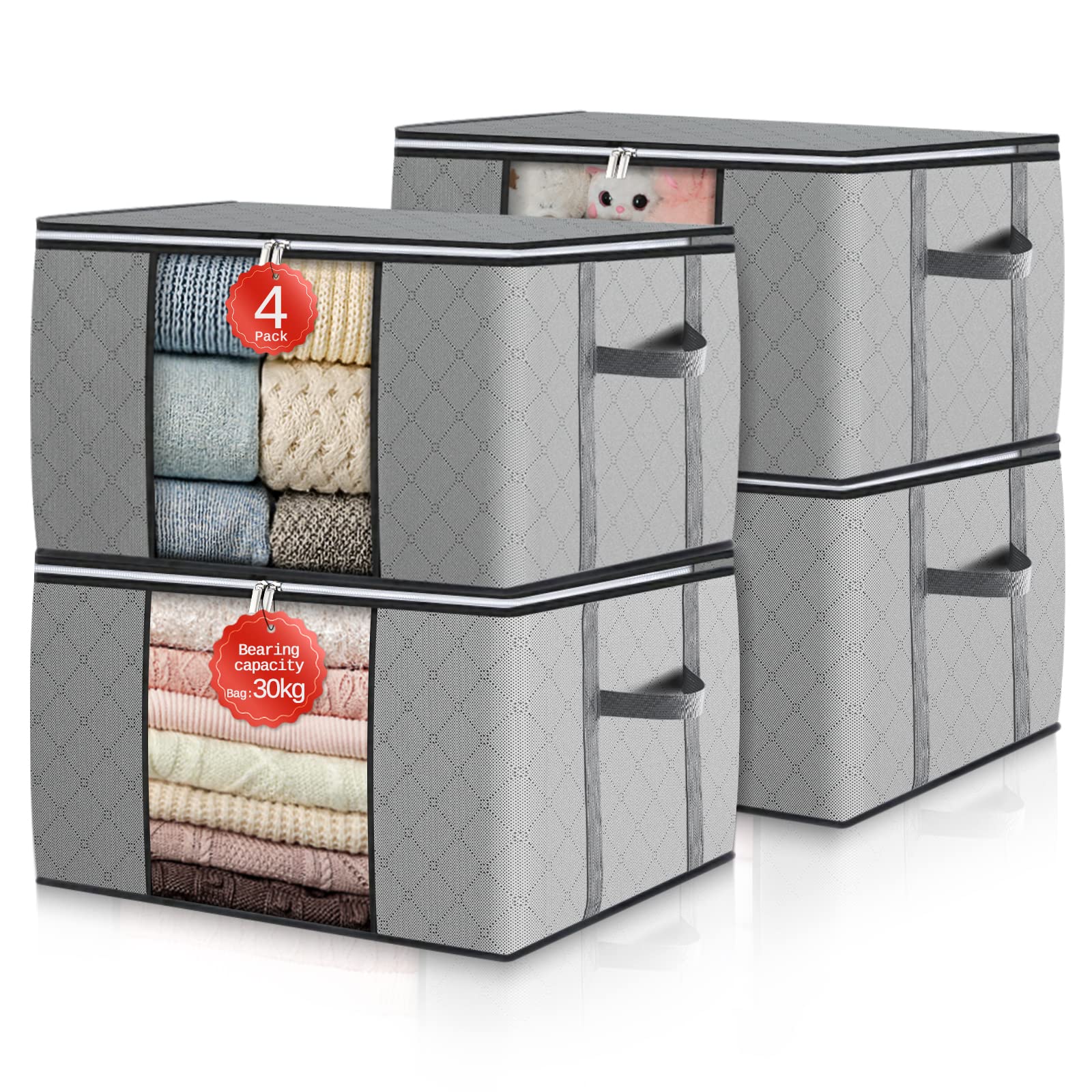 GoMaihe Clothes Storage Bags 4 Pack, Foldable Storage Bins Closet Organizers Stackable Containers with Reinforced Handles and Lids, Clothing Blanket Toy Shoe Comforters Pillow Organization, Grid Gray