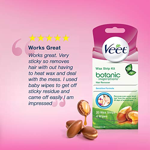 VEET Wax Strips Hair Removal Kit for Face, Underarms, Bikini, Dermatologically Tested, 20ct Wax Strips, 2 Sizes with Shea Butter & 4ct Wipes for At Home Waxing