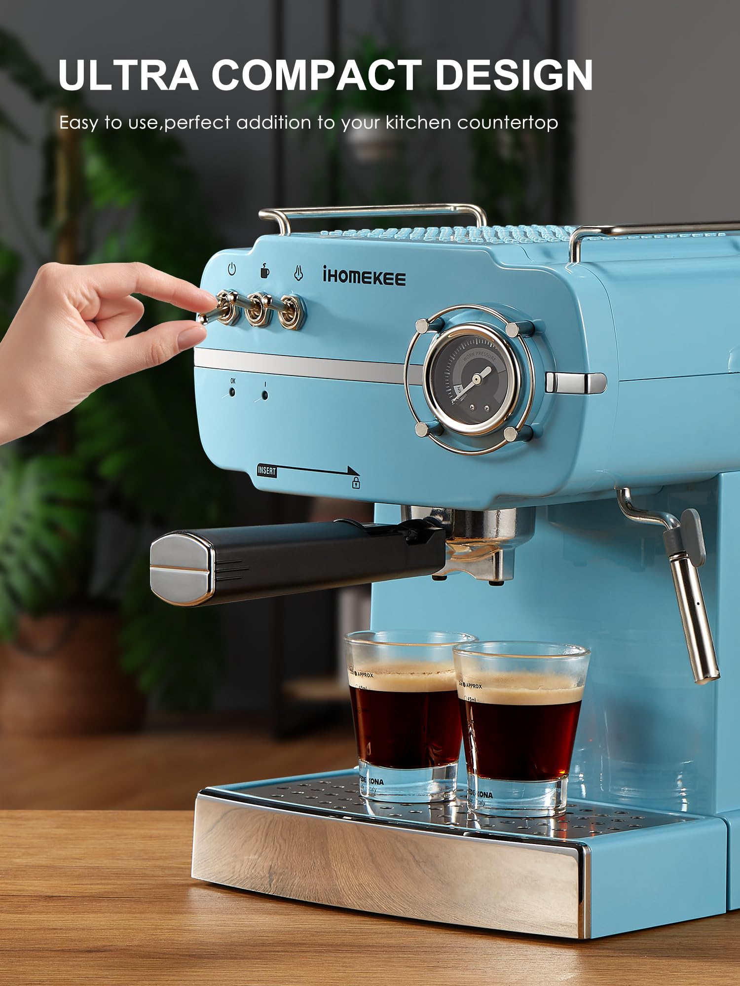 Ihomekee Espresso Machine, Retro Style Espresso Coffee Maker with Fast Heating Automatic, Latte & Cappuccino Maker with Milk Frother Steam Wand, Pressure Gage, Aqua - CM6885A (Retro Style Aqua)