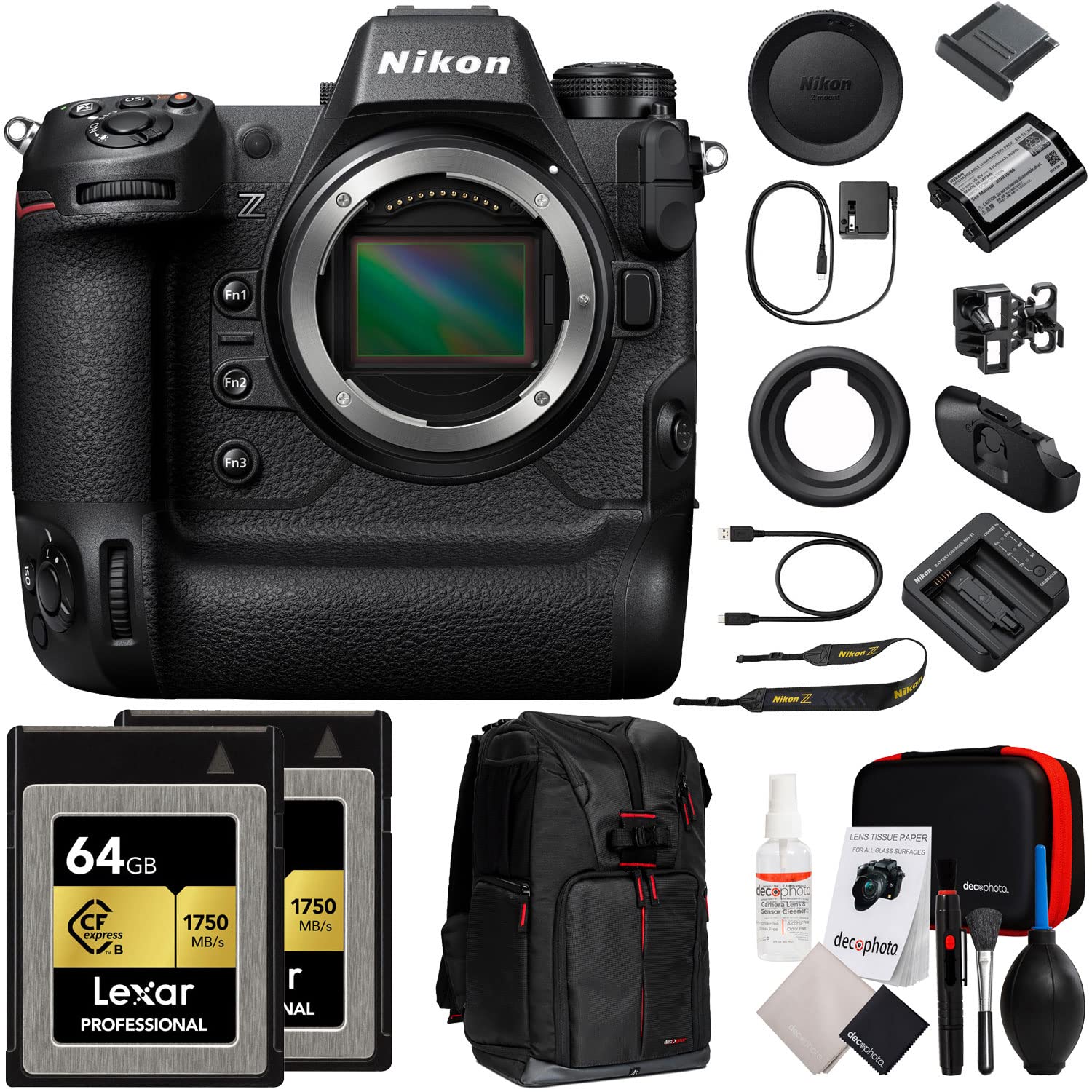 Nikon Z9 Full Frame FX Flagship Mirrorless Camera 45.7MP 8K Video (Body Only) Bundle with Deco Gear Photo Backpack, 2 x Lexar 64GB Memory Cards and Deco Photo All-in-One Cleaning Kit
