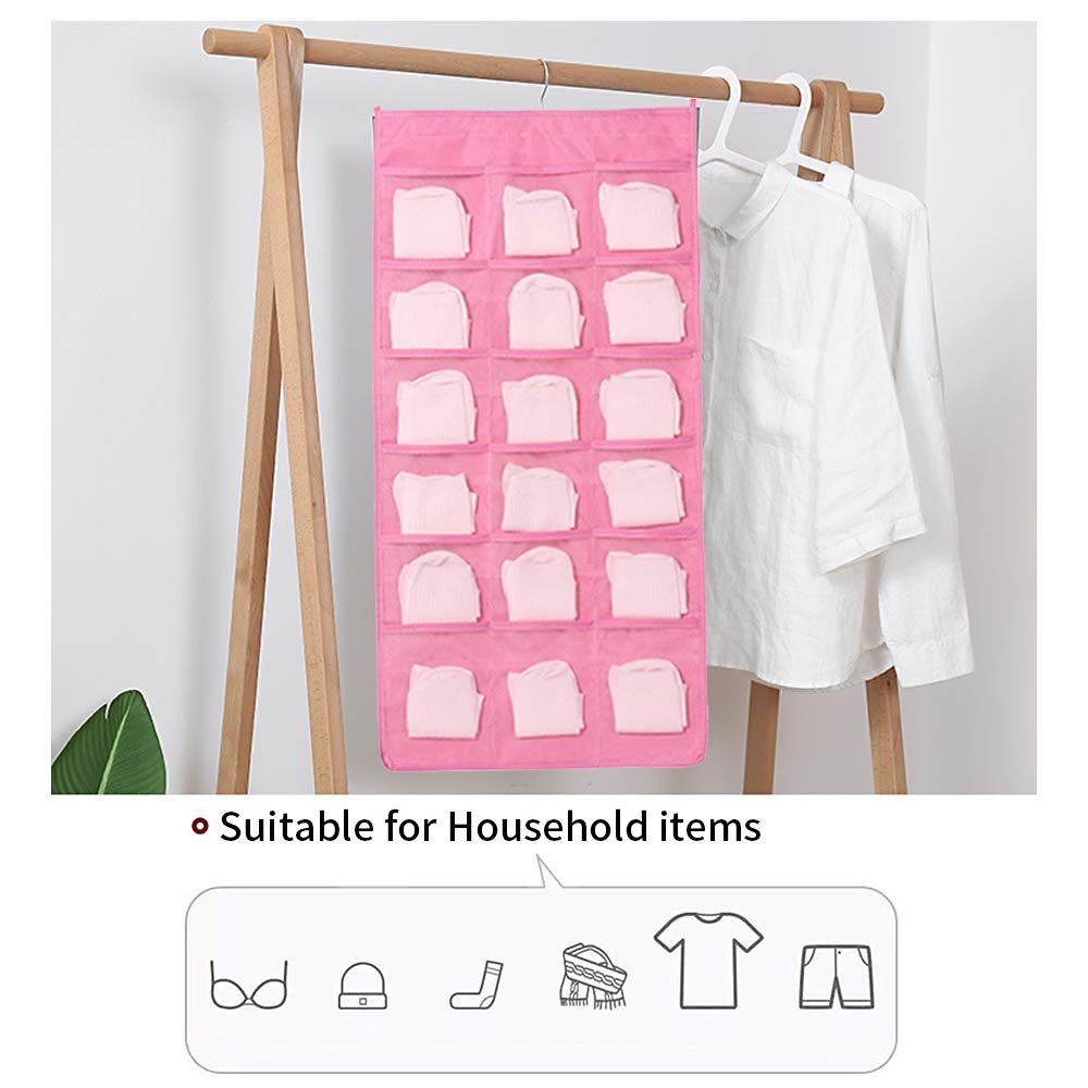 Hanging Closet Organizer, Dual-Sided 30 Pockets Wall Shelf Wardrobe Storage Bags for Underwear, Stocking, Bra and Sock, Mesh Pocket with Metal Hanger - Pink