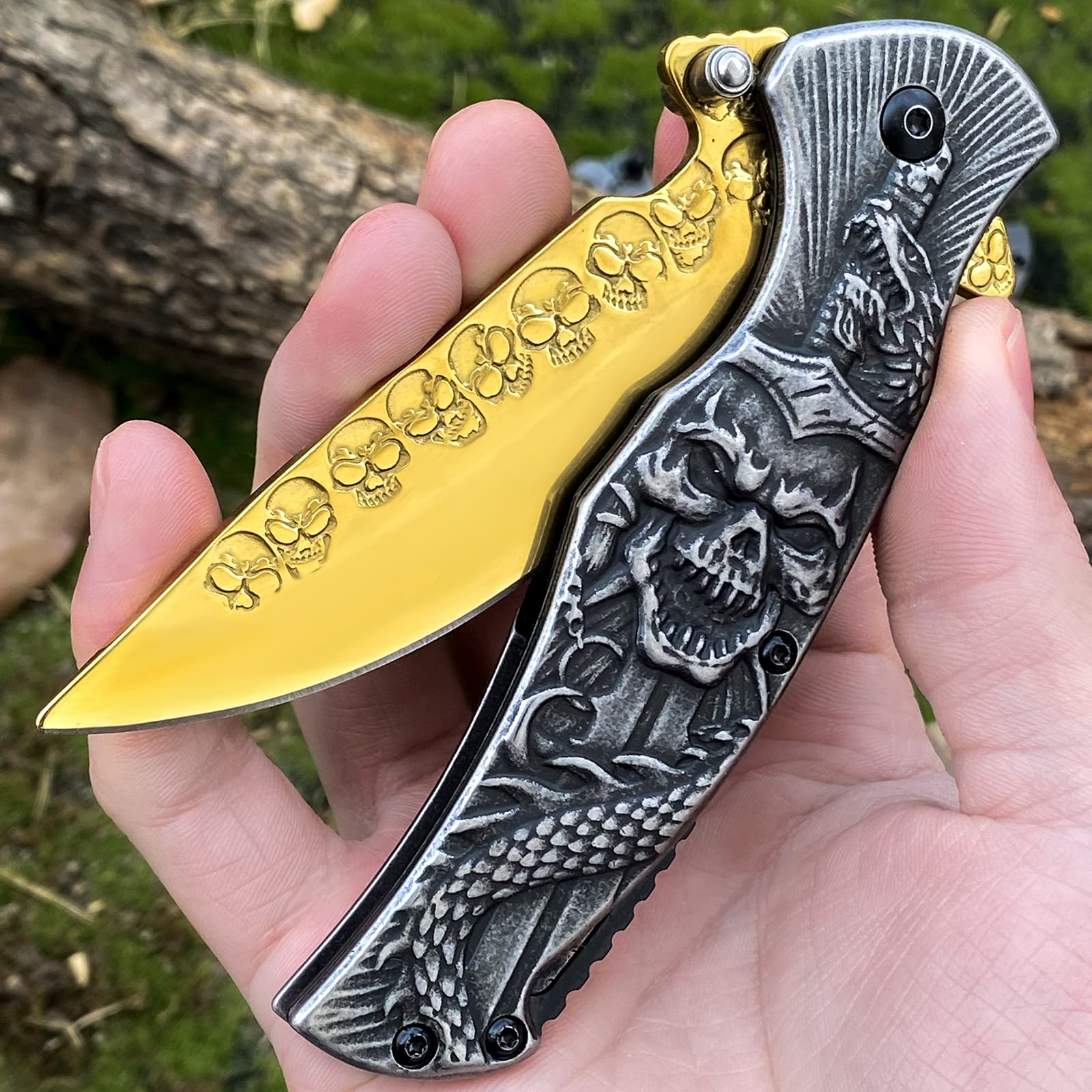 HOLYEDGE 7.8-in Tactical Folding Pocket Knife with 3.3-in Gold Mirror Blade, 3D Skull Handle, with Pocket Clip, Liner Lock and Auxiliary Opening for Outdoor Camping Survival Knives