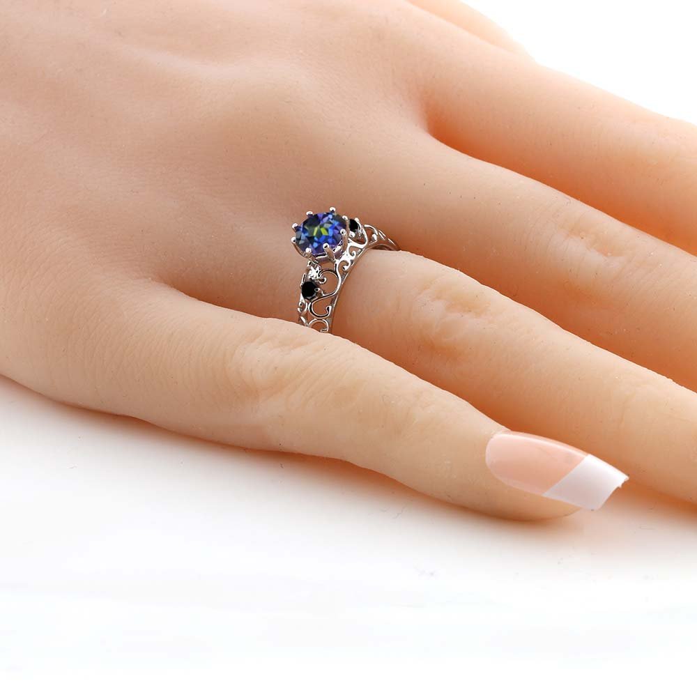 Gem Stone King 925 Sterling Silver Round Blue Mystic Topaz and Black Diamond Women's Ring (1.11 Cttw, Gemstone Birthstone, Available In Size 5, 6, 7, 8, 9)