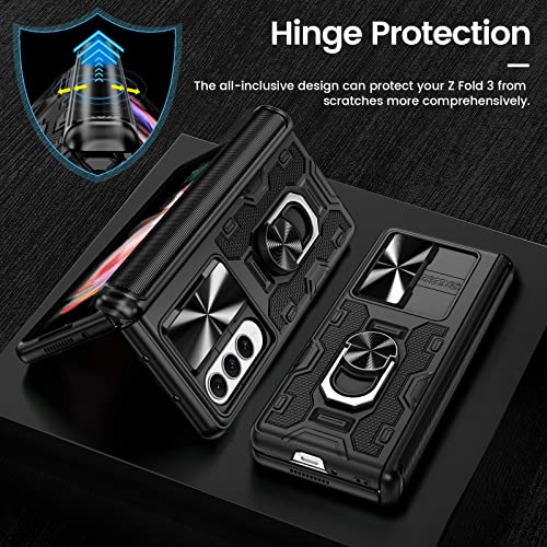 VEGO for Galaxy Z Fold 3 Case with Camera Cover, Hinge Protection Case with Front Screen Protector & 360°Ring Magnetic Kickstand Protective Armor Case for Samsung Galaxy Z Fold 3 - Midnight Black