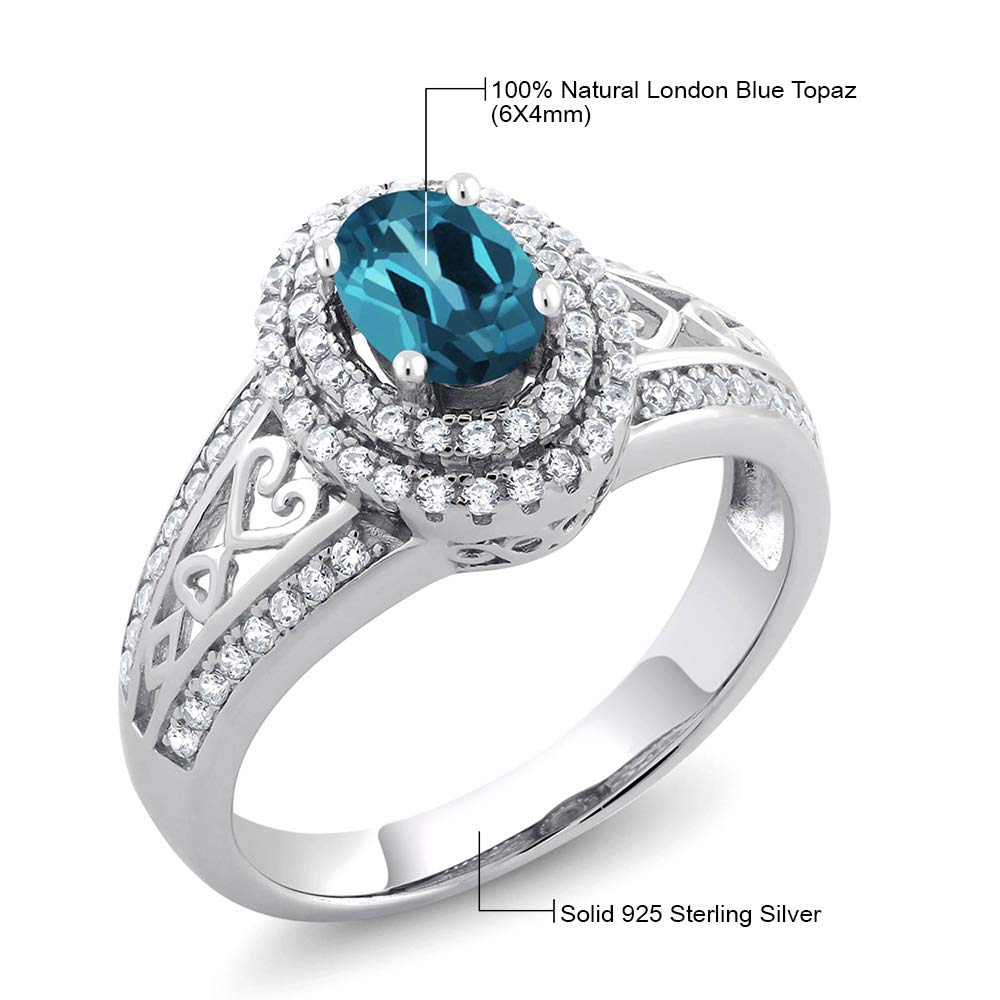 Gem Stone King 925 Sterling Silver London Blue Topaz Engagement Ring For Women (1.36 Cttw, Oval 6X4MM, Gemstone Birthstone, Available In Size 5, 6, 7, 8, 9)