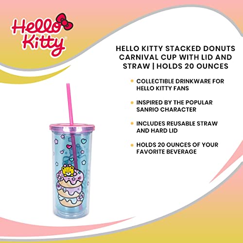 Sanrio Hello Kitty Stacked Donuts Carnival Cup with Reusable Straw and Leakproof Lid | Plastic Cold Cup for Boba Milk Tea Beverages, Home & Kitchen Essentials | Cute Kawaii Gifts | Holds 20 Ounces