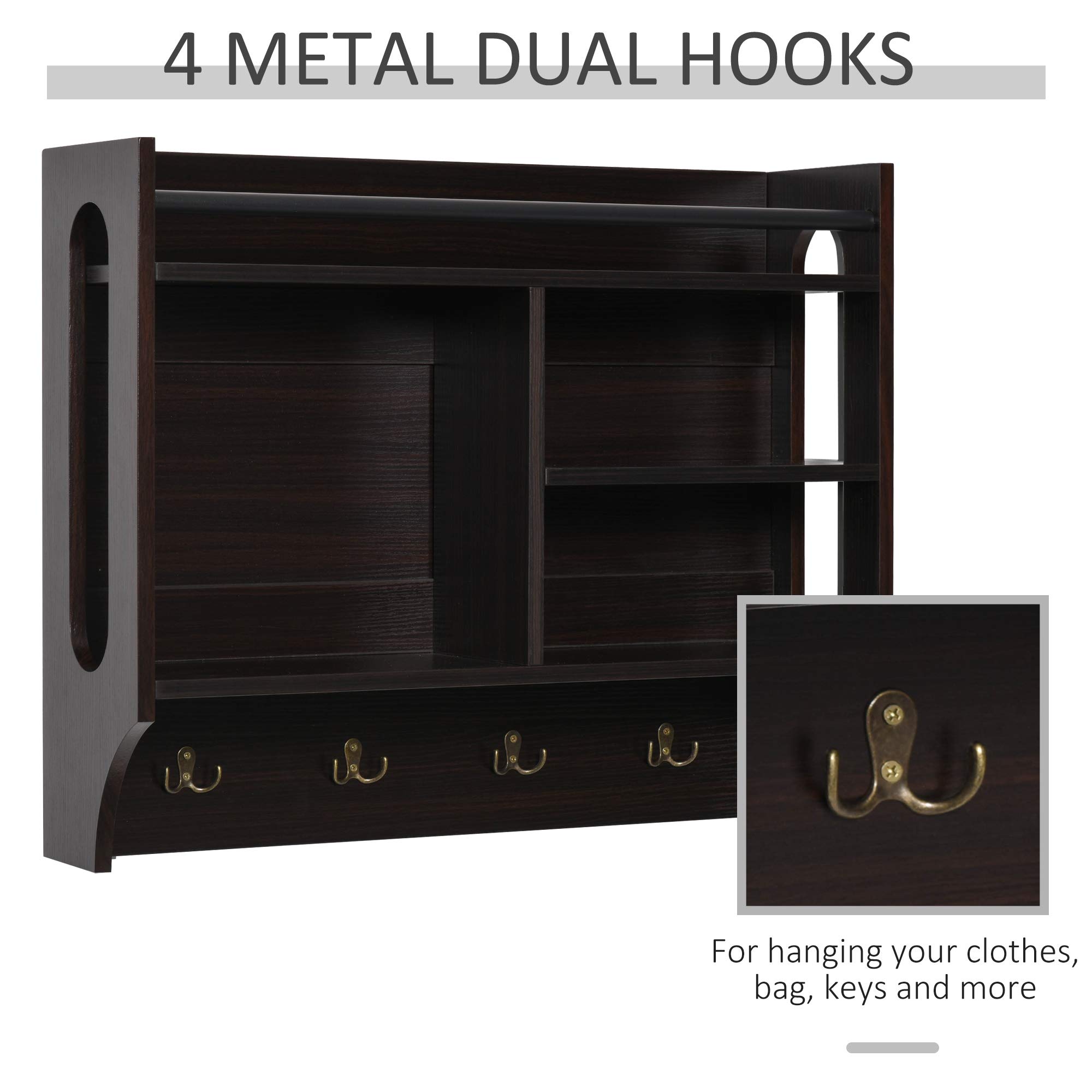 HOMCOM Wall-Mounted Floating Storage Shelf with 4 Storage Units and 4 Dual Hooks, Espresso