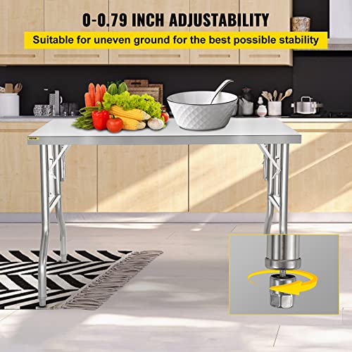 VEVOR 48 x 30 Inch Folding Commercial Prep Table Commercial Worktable Workstation, Heavy-Duty Stainless Steel Folding Table with 220 lbs Load, Silver Stainless Steel Kitchen Island,Kitchen Work Table