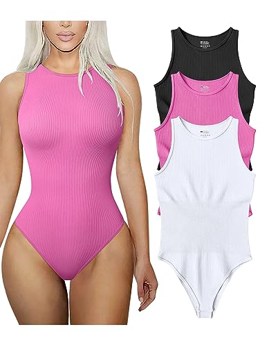 TOB Women's 3 Piece Bodysuits Sexy Ribbed Sleeveless Halter Neck Shapewear Bodysuits Black Rose White