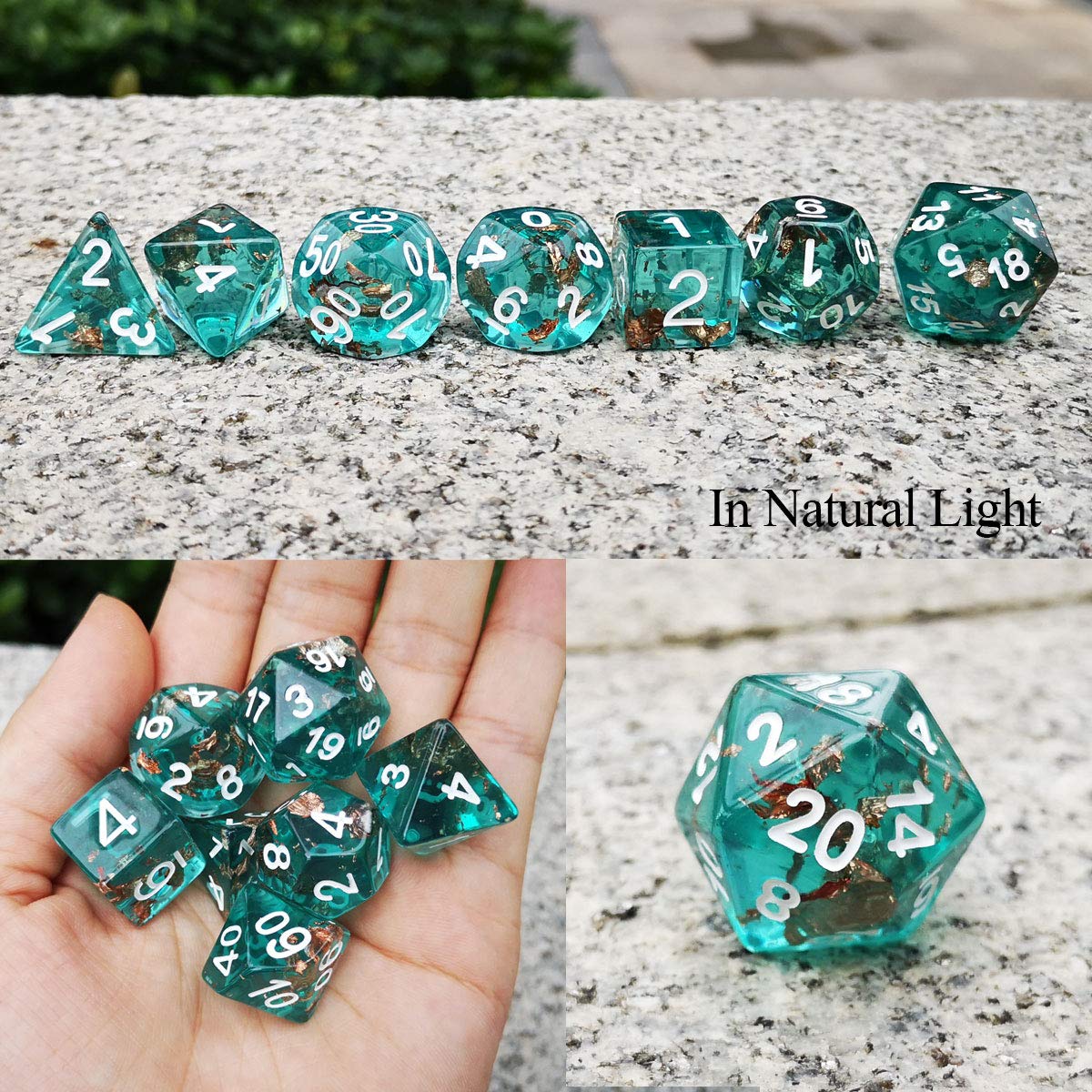 Haxtec Teal DND Dice Set 7PCS Gold Leaf Polyhedral Resin DND Dice for Roleplaying Games Dungeons and Dragons Gifts-Wonderland