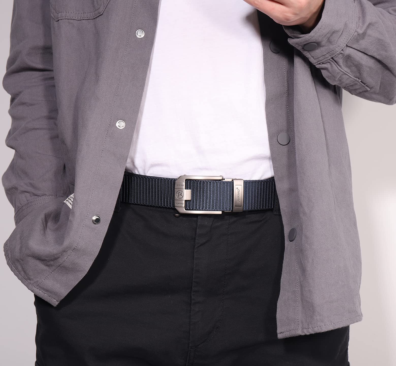 JUKMO Ratchet Belt for Men, Nylon Web Tactical Belt with Automatic Slide Buckle, Adjustable Trim to Fit (Blue, For Waist 20"-40" (Length 47"))