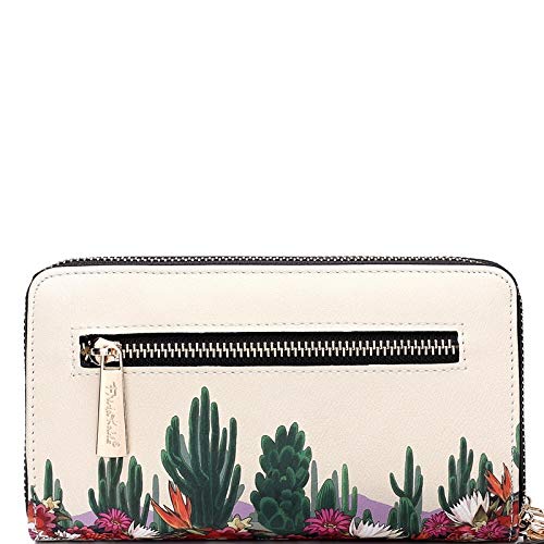 LuxeBag Frida Kahlo Faux Leather Double Zip Wallet with Wristlet (Beige/Black)