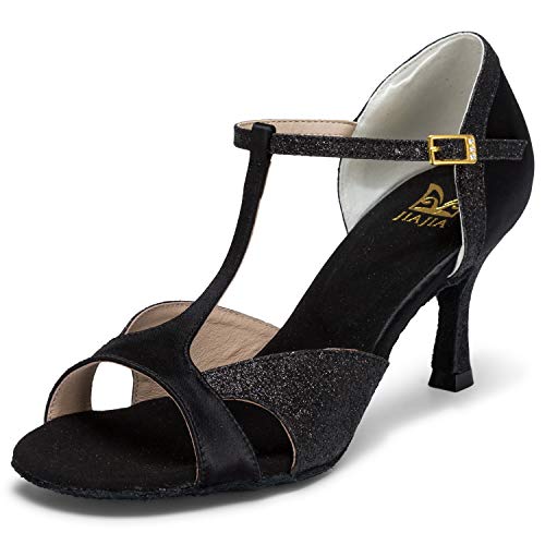 JIAJIA 2055 Women's Satin Sandals Flared Heel Latin Salsa Performance Dance Shoes Color Black,Size 9 B(M) US/40 EU