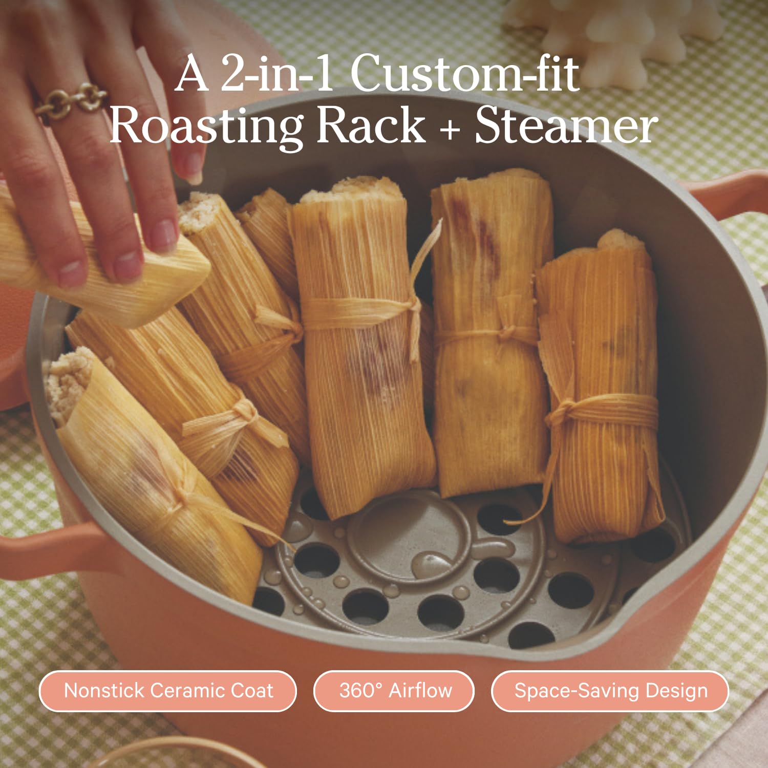 Our Place Perfect Pot Roasting Rack - 2-in-1 Custom-Fit Rack and Steamer | Toxin-Free Ceramic Coating | With Oven-Safe Silicone Feet | Char