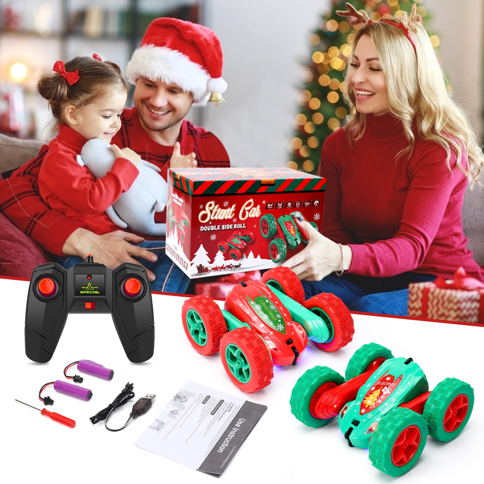 Lumiparty 2PACK Remote Control Car RC Stunt Car for Kids,2.4Ghz High Speed Rock Crawler Vehicle,360 Rotating 4WD Off Road Double Sided Rotating Tumbling with 4 Rechargeable Battery.