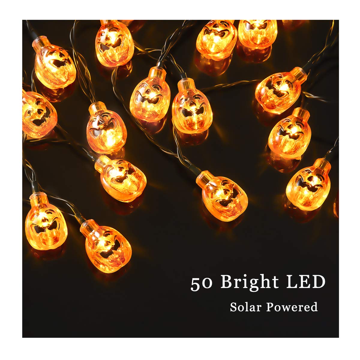 Halloween Pumpkin String Lights Eurus Home 33 ft 50 LED Halloween Lights | Solar Powered Pumpkin Lights with 8 Lighting Modes Jack-O-Lantern Decorative Lights for Indoor Outdoor Halloween Party IP65
