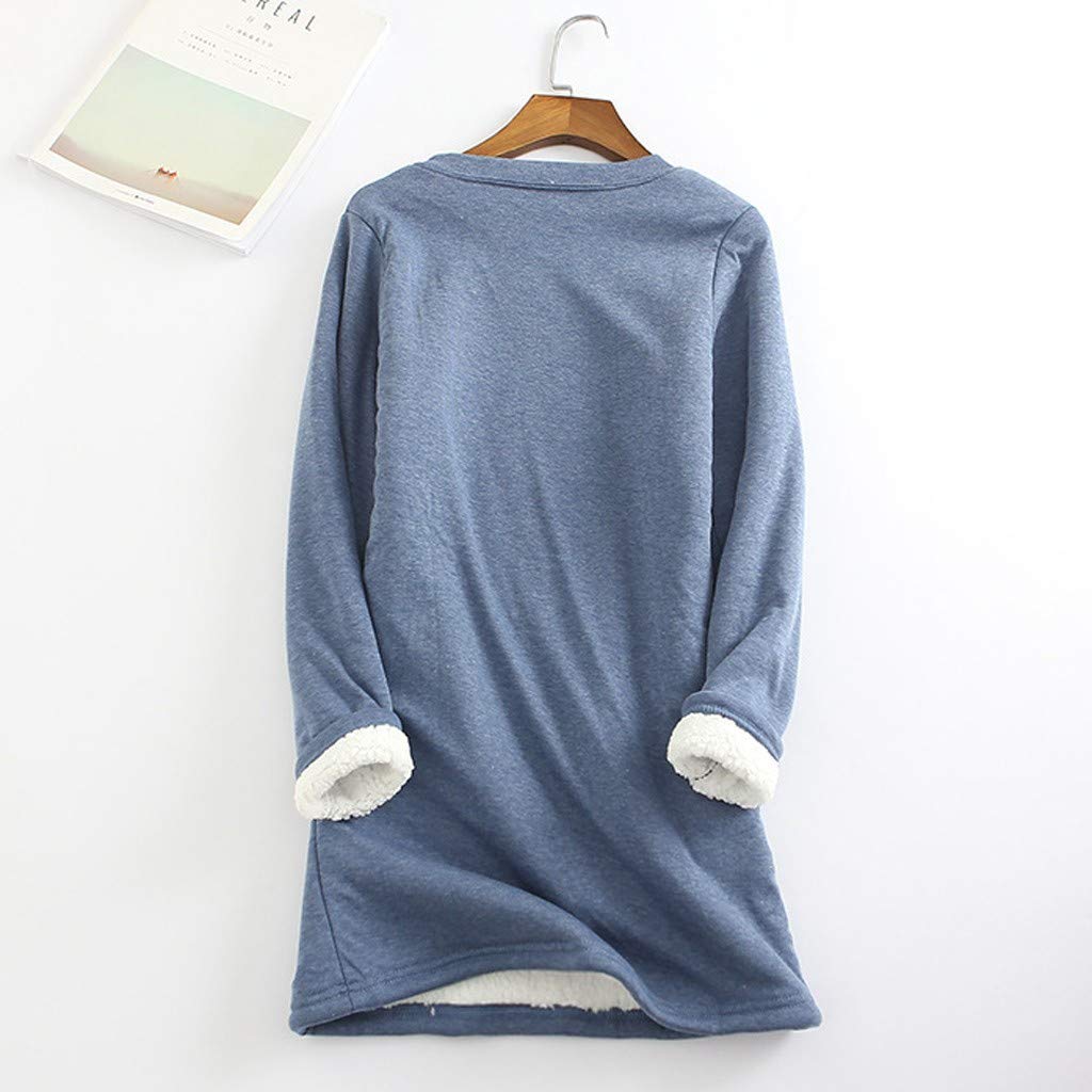 iOPQO Women Thick Fleece Sweatshirt Solid Colo Crewneck Long Sleeve Shirts Fall Winter Velvet Warm Tunic Tops (Blue, XXL)