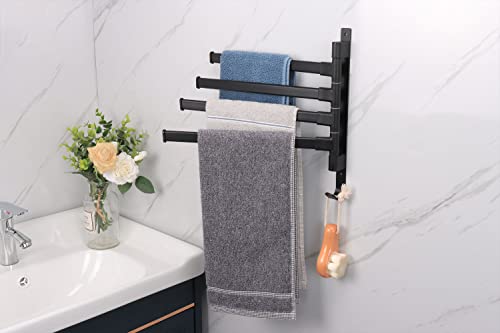 TocTen Swivel Towel Rack, Rustproof and Durable Space Saving Towel Hanger, Towel Bar Swing Out 180° Rotation, Wall Mounted/Glue Mounted Towel Rod with Hook for Bathroom, Kitchen (4-Arm, Black)
