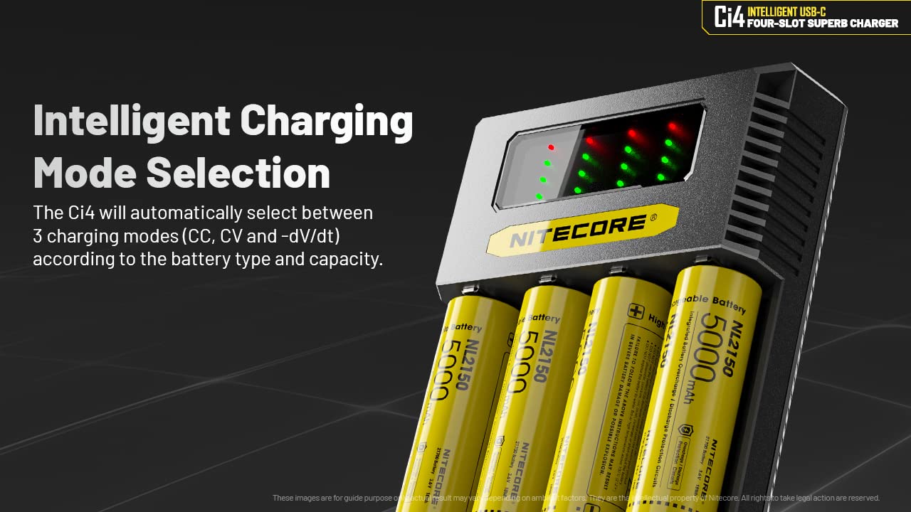 Nitecore Ci4 Four Bay Universal Battery Charger Support 16340 14500 18650 21700 Lithium Ion AA AAA Ni-MH Ni-CD, USB-C QC PD with Lumentac Battery Organizer