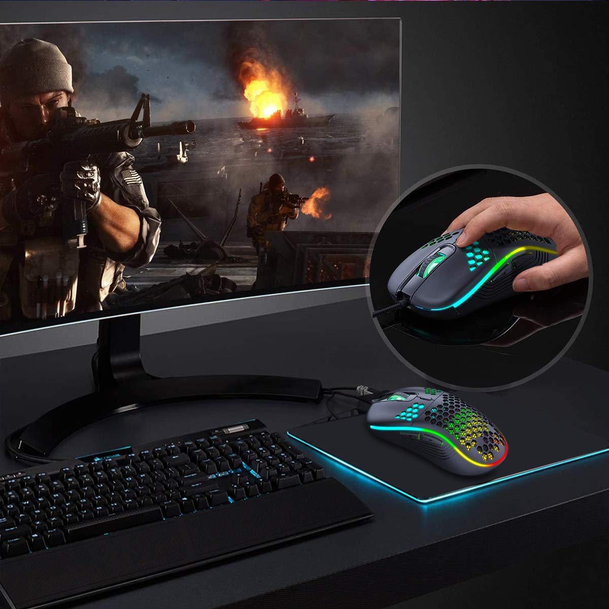 HETOETF Lightweight Gaming Mouse, Wired USB PC Gaming Mice with Ultralight Honeycomb Shell, RGB Chroma LED Light, 7200 DPI Adjustable, Programmable 6 Buttons Mouse for Windows 7/8/10/XP