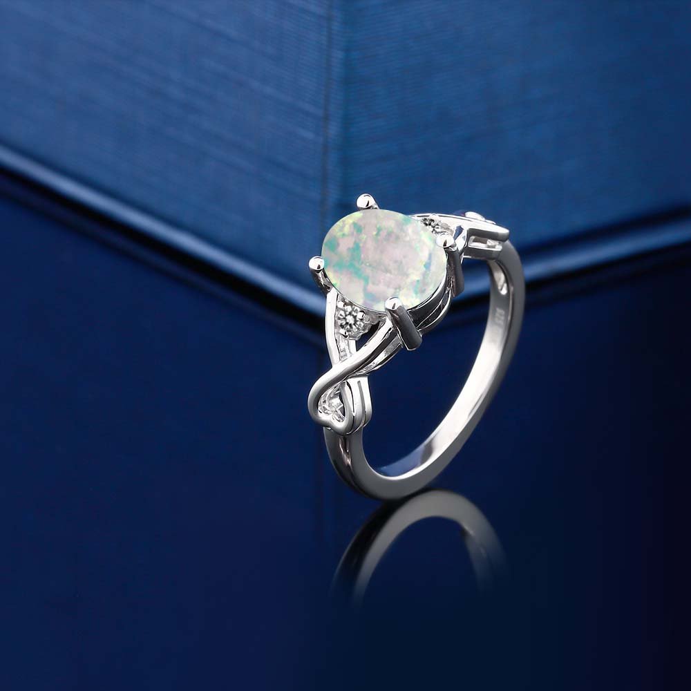 Gem Stone King 925 Sterling Silver Cabochon White Simulated Opal and White Diamond Ring For Women (0.66 Cttw, Available in size 5, 6, 7, 8, 9)