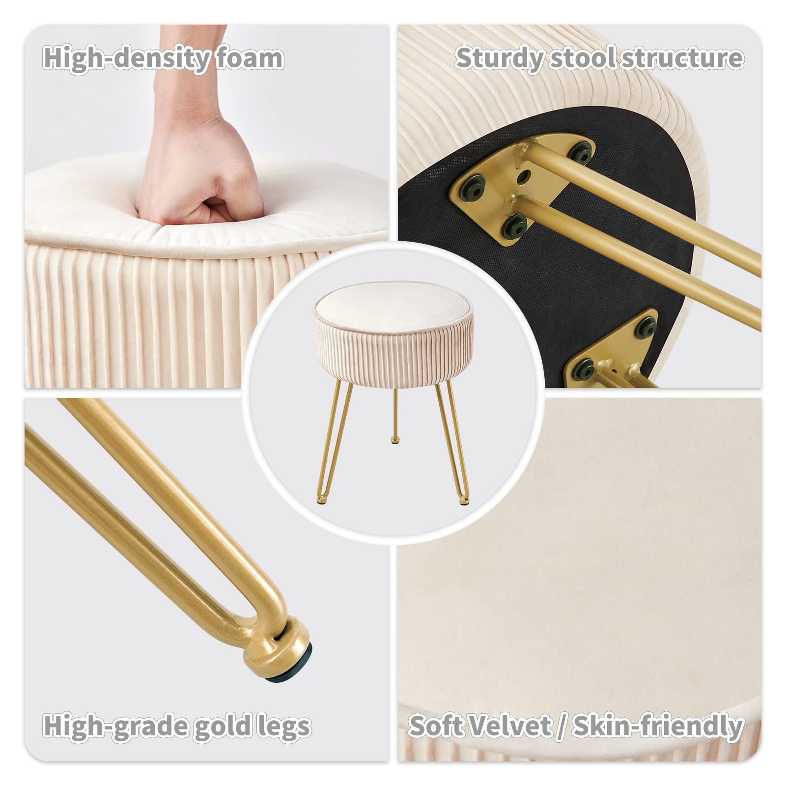 hf-Choous Multifunctional Vanity Stool, Velvet Round Ottoman Dressing Stool, Upholstered Seated Footrest Stool with Gold Metal Legs, Modern Side Table Footstool for Living Room,Bedroom(White)