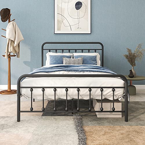 GJHOME Full Size Classic Metal Platform Bed Frame Mattress Foundation with Victorian Style Iron-Art Headboard/Footboard/Under Bed Storage/No Box Spring Needed/Black