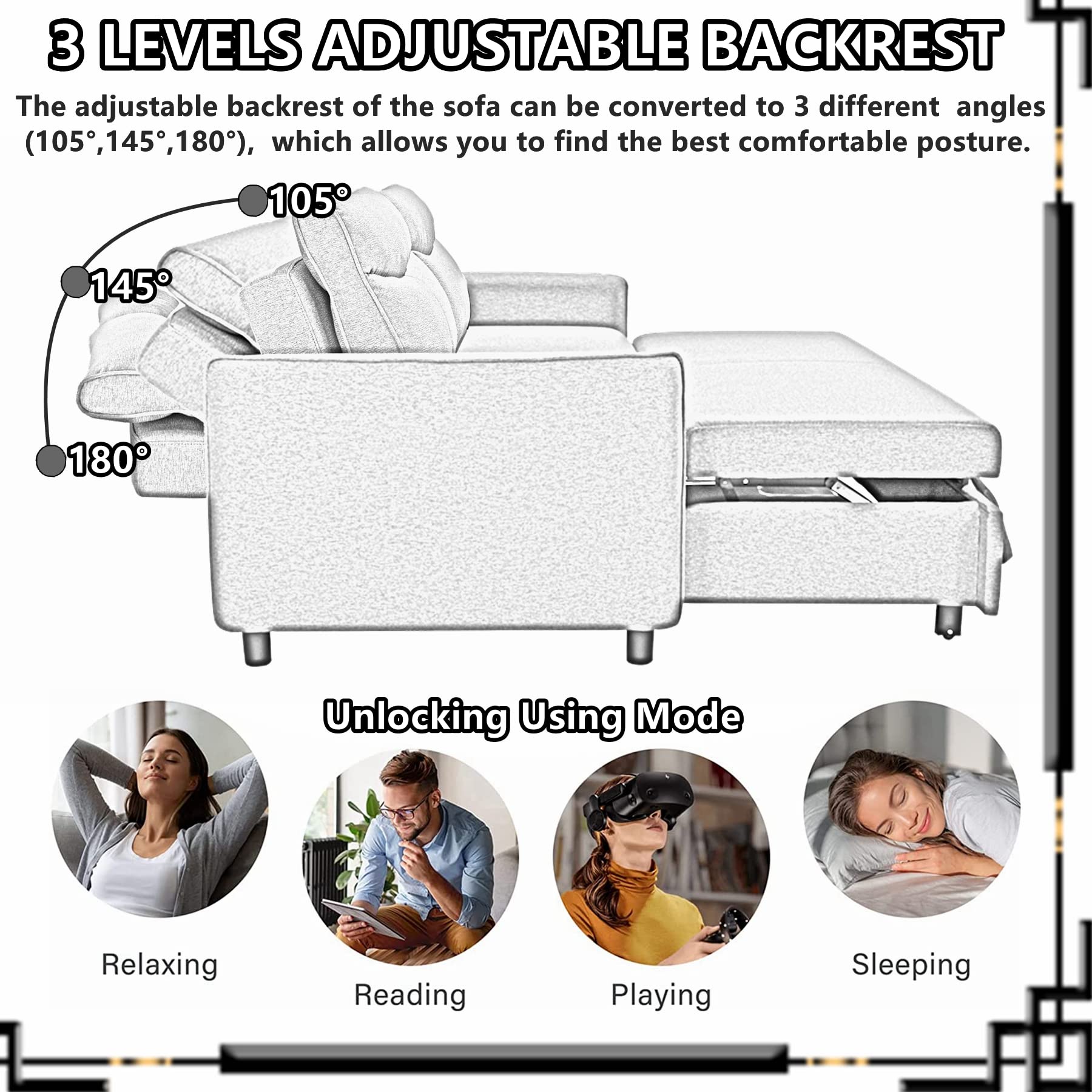 Gynsseh 3-in-1 Convertible Sleeper Sofa Bed, Queen Size Sofa Bed Couch with 2 Backrest Pillows, Pinstripe Upholstered 3-Seat Sofa Couch with Pull Out Bed for Living Room, S3-Beige