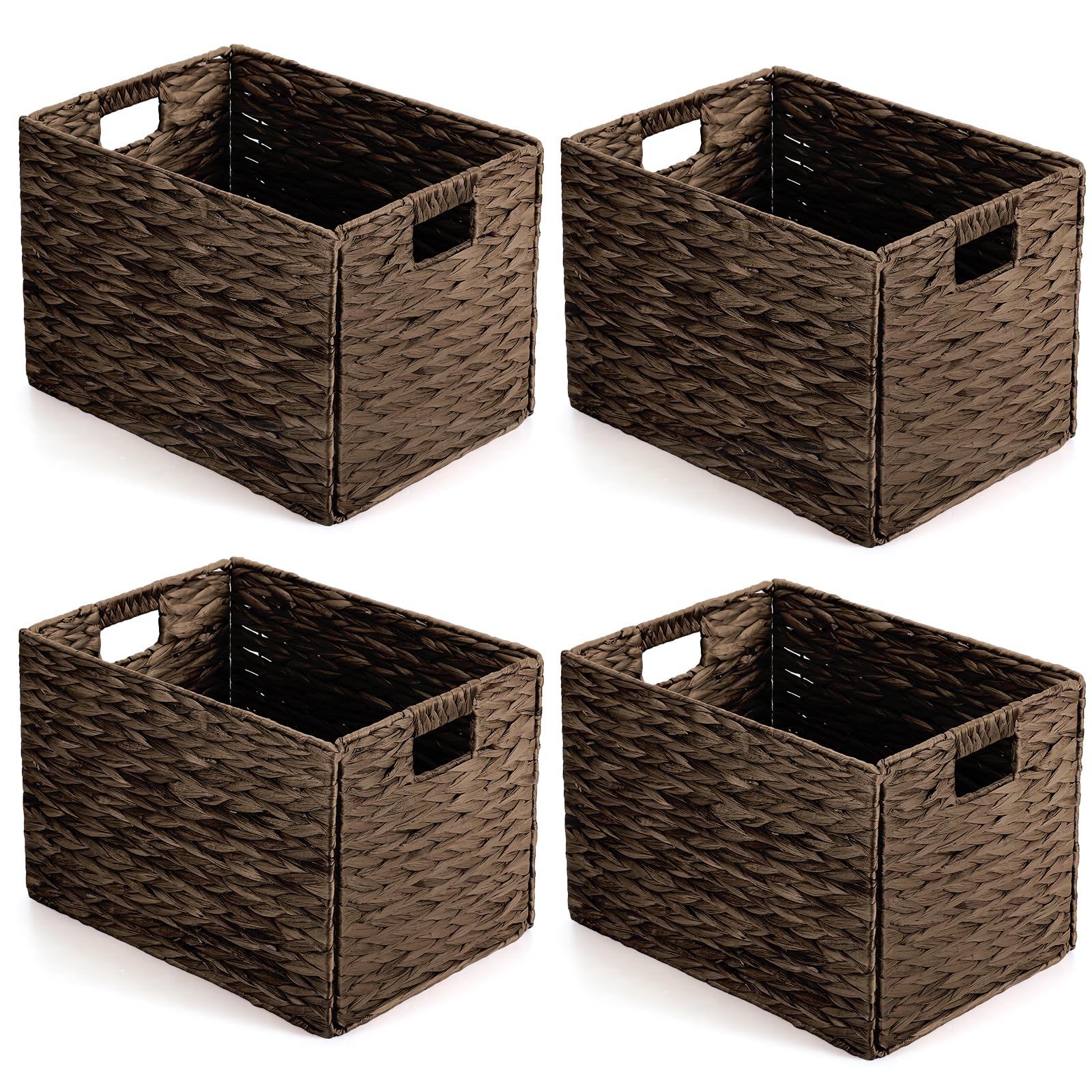 Layhit 4 Pcs Wicker Storage Basket Water Hyacinth Handwoven Baskets with Handles Foldable Woven Organizer Multipurpose Wicker Storage Bins for Bedroom Living Room(16 x 11 x 11'',Dark Brown)