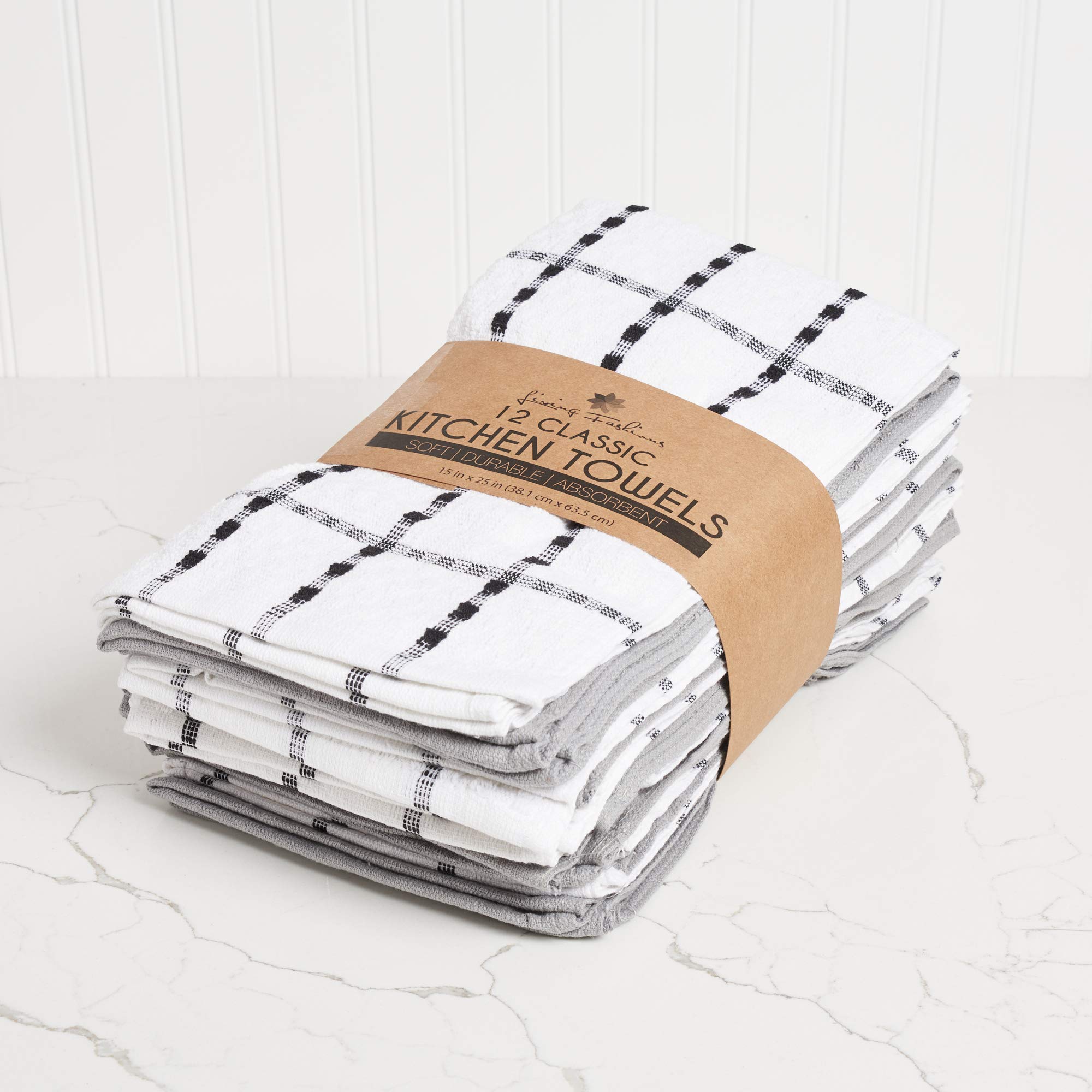 Kitchen Towels - Dish Towels and Dish Cloths - Hand Towel and Dishcloths Sets - 100% Soft Ring Spun Combed Cotton - Great for Cooking in Kitchen or Household Cleaning - Size 15" x 25" (Grey, 12)