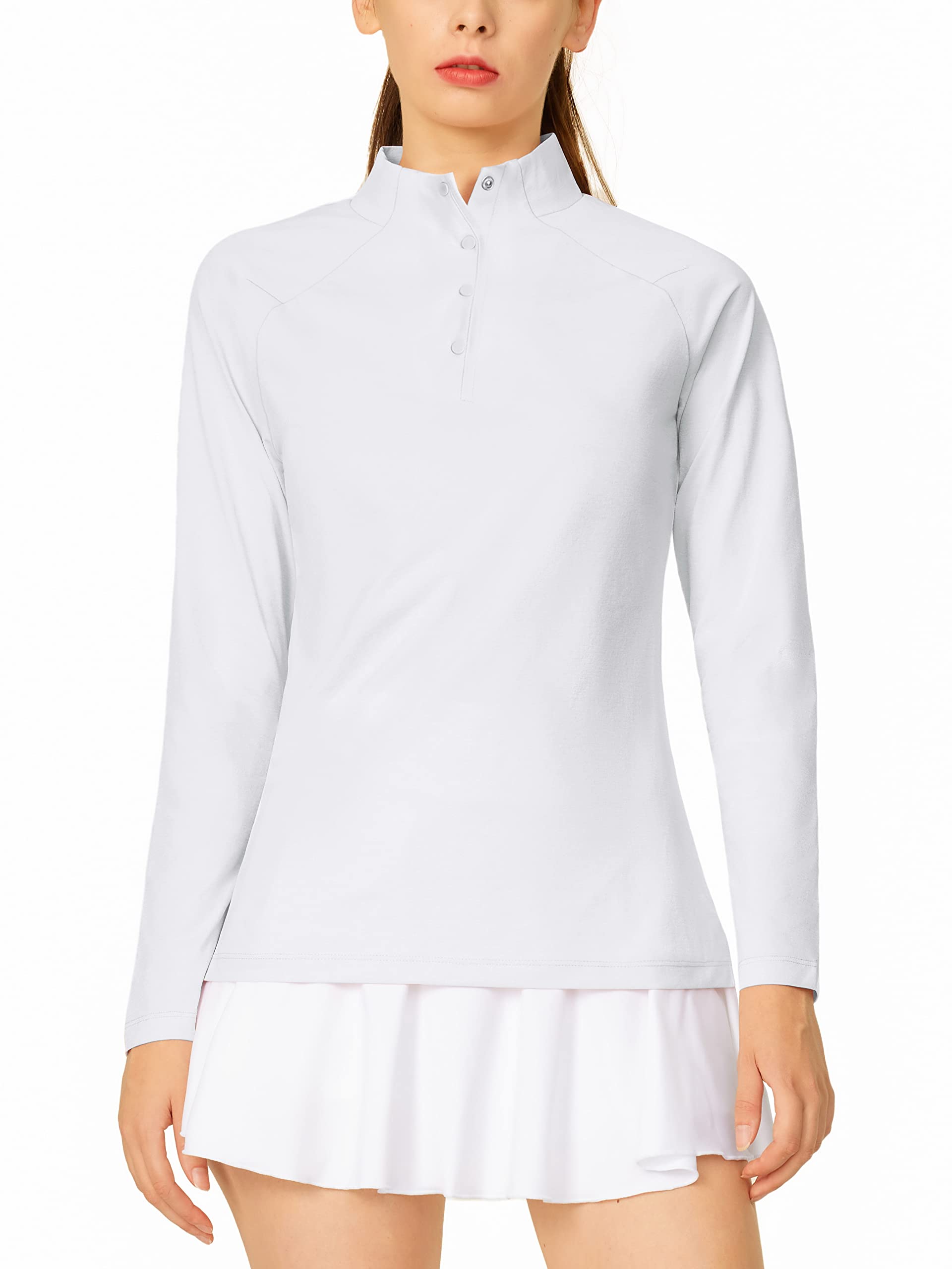 LastFor1 Women's Long Sleeve Golf Polo Shirts UPF 50+ Moisture Wicking Quick Dry Active Tops with Snap Buttons Closure White M