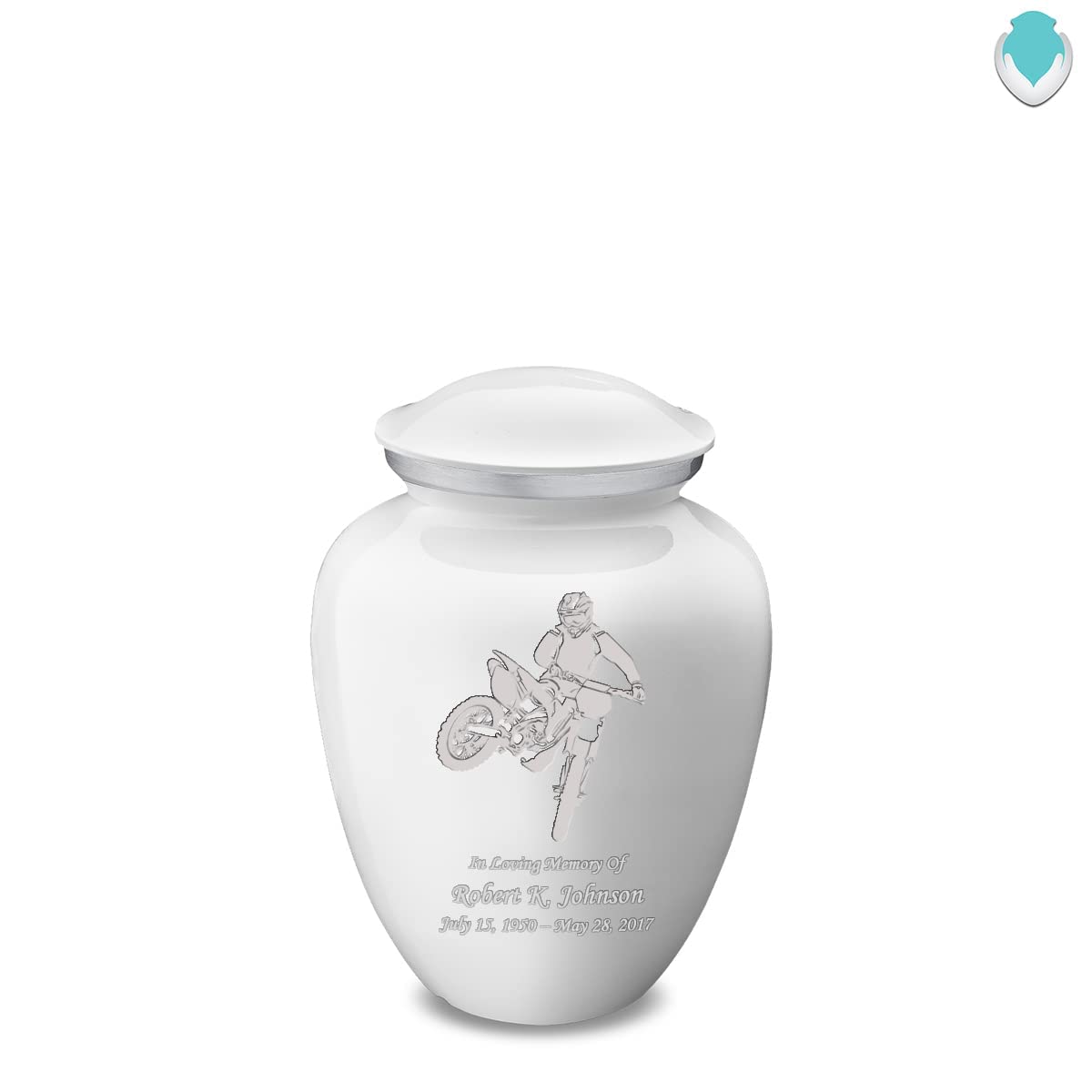 GetUrns Embrace Personalized Dirt Bike Medium Cremation Urn with Custom Text Engraving for Human Ashes for Funeral, Burial, Niche or Columbarium Cremation–44 Cubic Inches –Small Urns for Ashes (White)